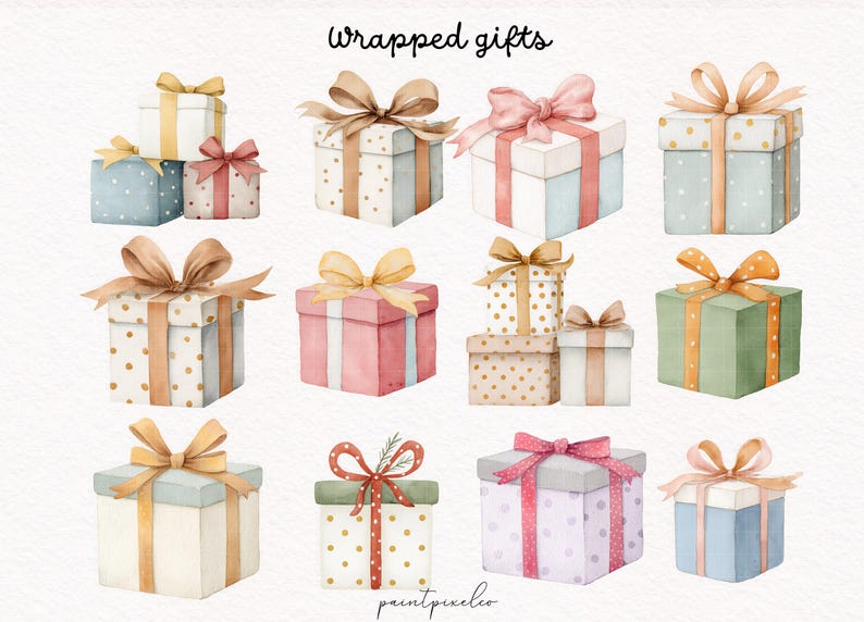 12 Watercolor Christmas Presents Clipart Minimalist Gift Boxes PNG ...