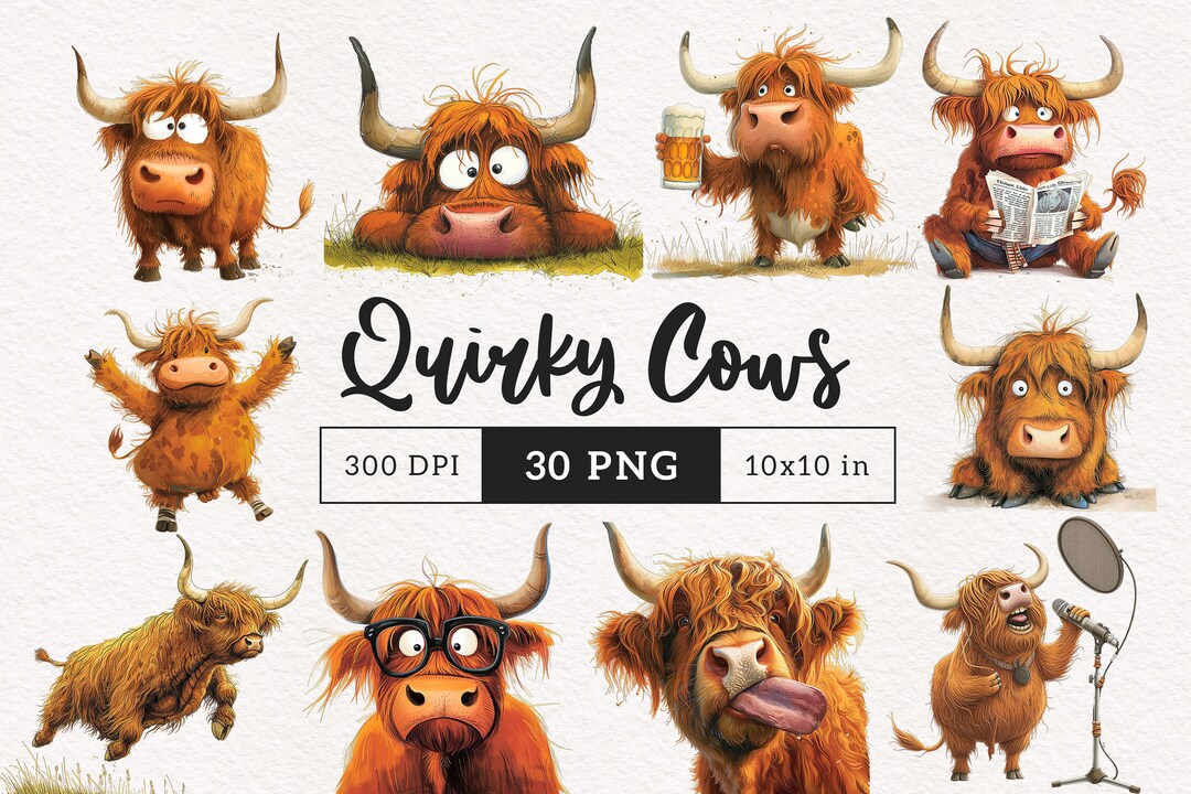 Quirky Highland Cow PNG Clipart Bundle Whimsical Cow Sublimation Clip ...