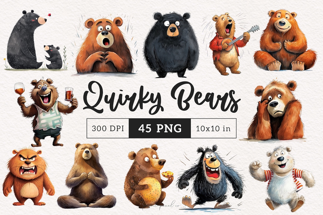 Quirky Bear Clipart PNG Whimsical Black Bear Sublimation Clip Art ...