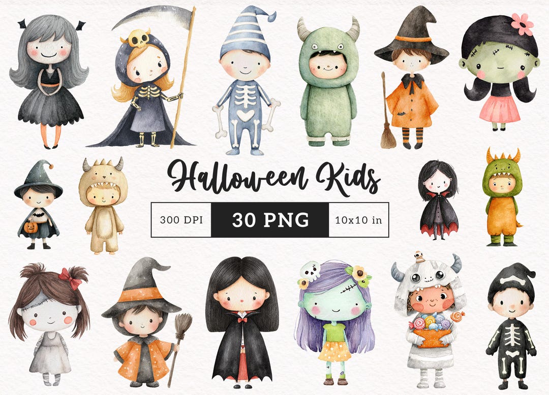 Cute Halloween Kids Clipart Watercolor Spooky Costume Children Cute ...