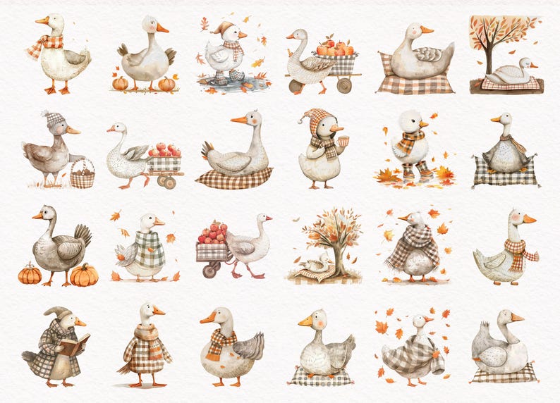 Gingham Goose Clipart Watercolor Autumn Goose Cute Fall Coquette Geese ...