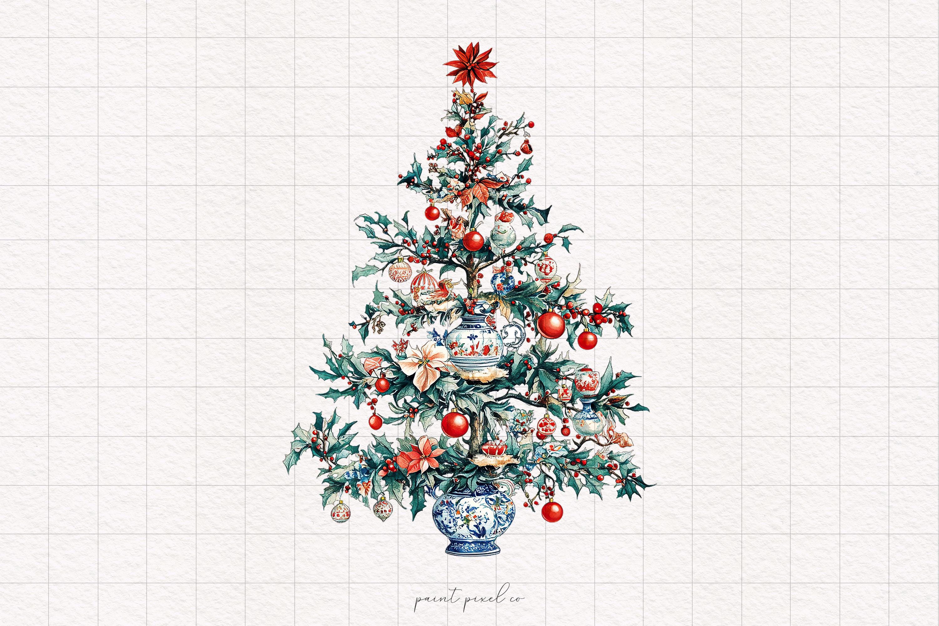 7 Toile Christmas Tree Clipart Holiday Chinoiserie Xmas Tree PNG Winter ...