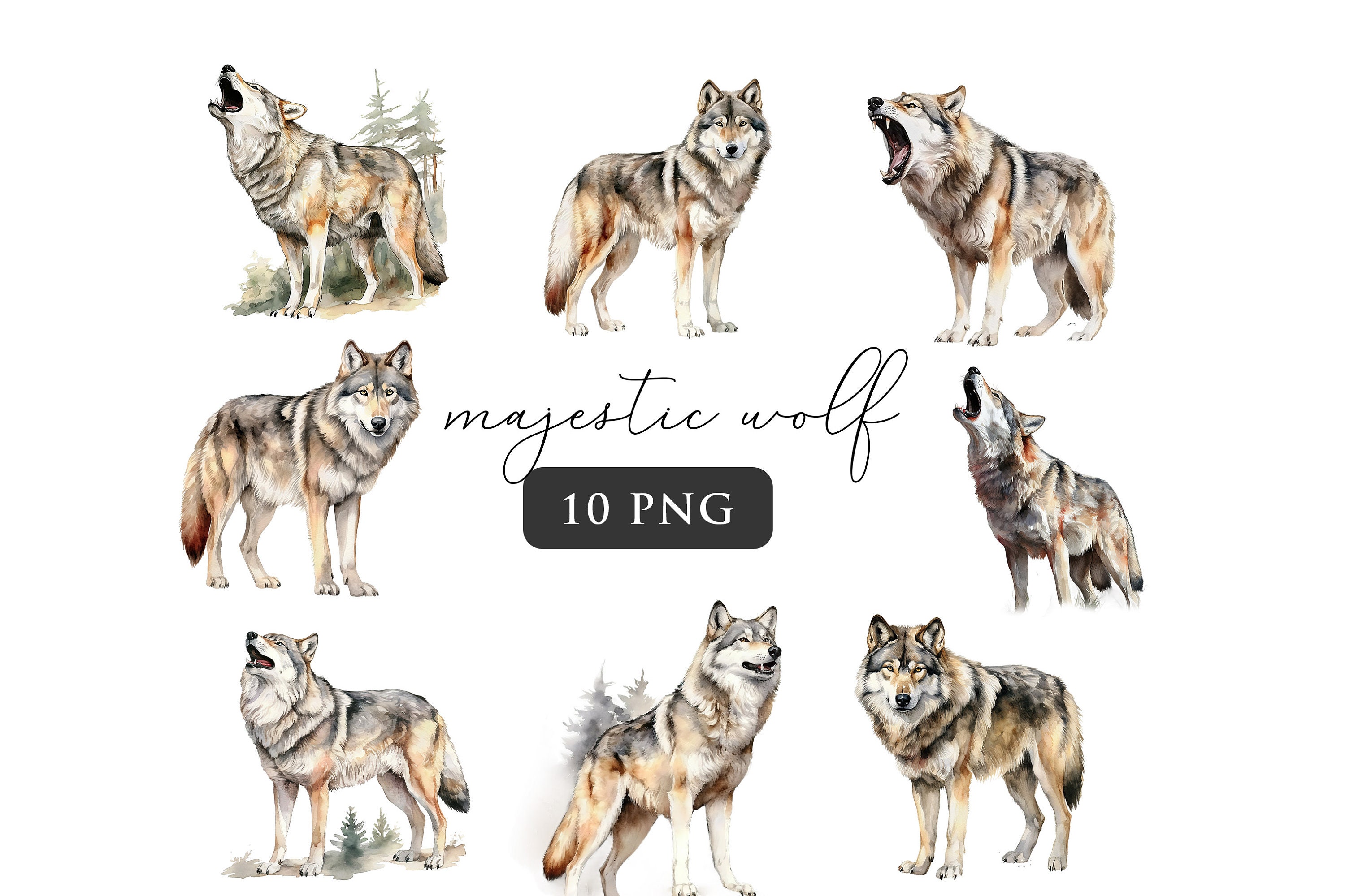 Wolf Clipart PNG Bundle Watercolor Wolves Howling Sublimation Transfer ...