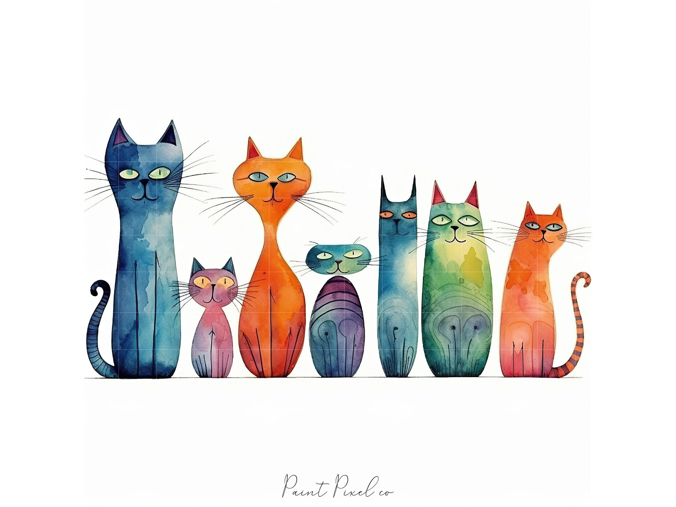 5 Whimsical Cats Clipart High Quality Jpgs Quirky Elongated Animal Clip ...