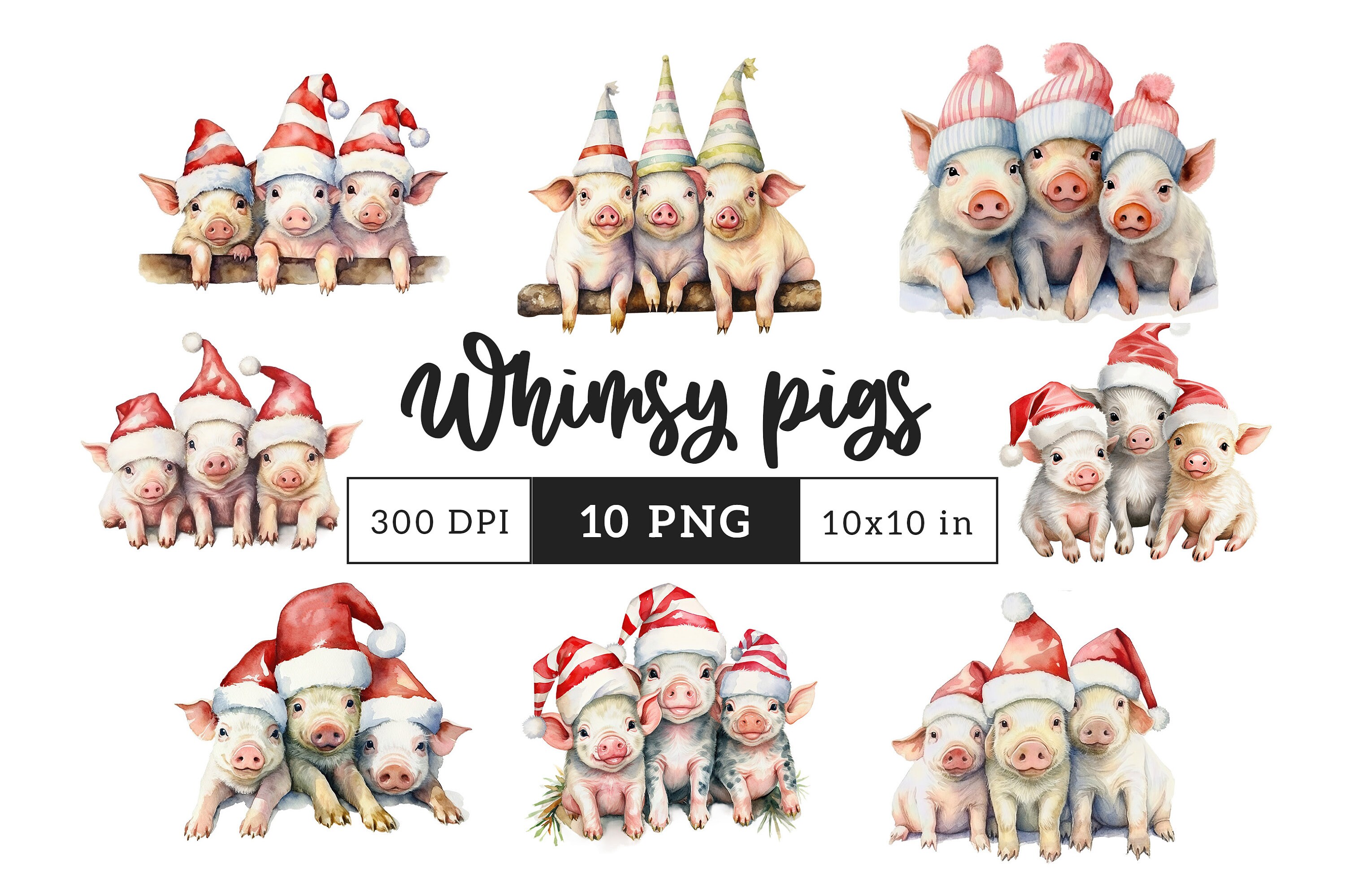 Whimsical Pigs Clipart PNG Bundle Watercolor Quirky Creatures Whimsy ...