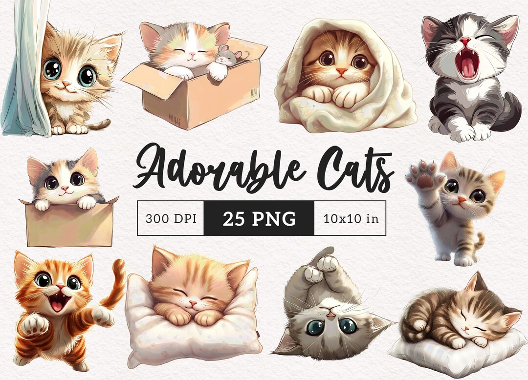 Sweet Cats Clipart Cute Kittens PNG Happy Baby Animals Sublimation Clip ...