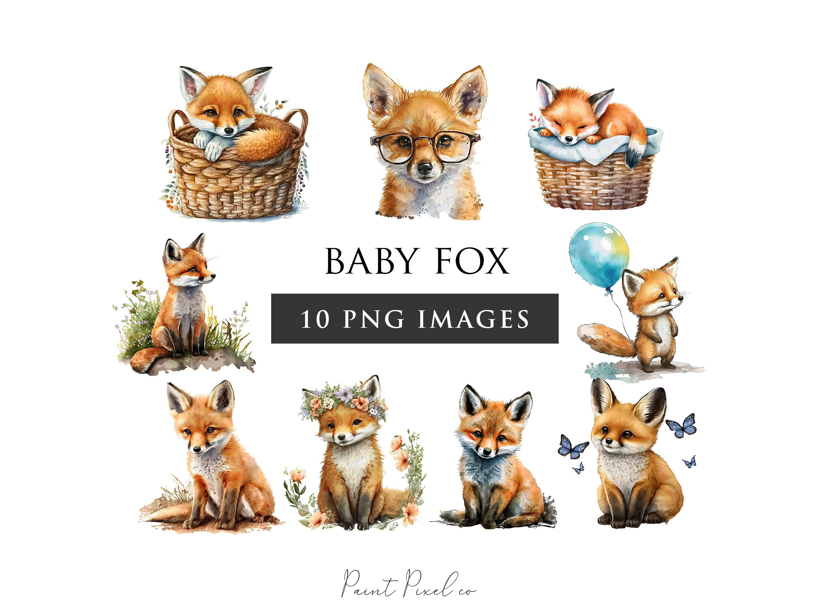 Woodland Animals PNG Watercolor Baby Fox Clipart Cute Baby Shower ...