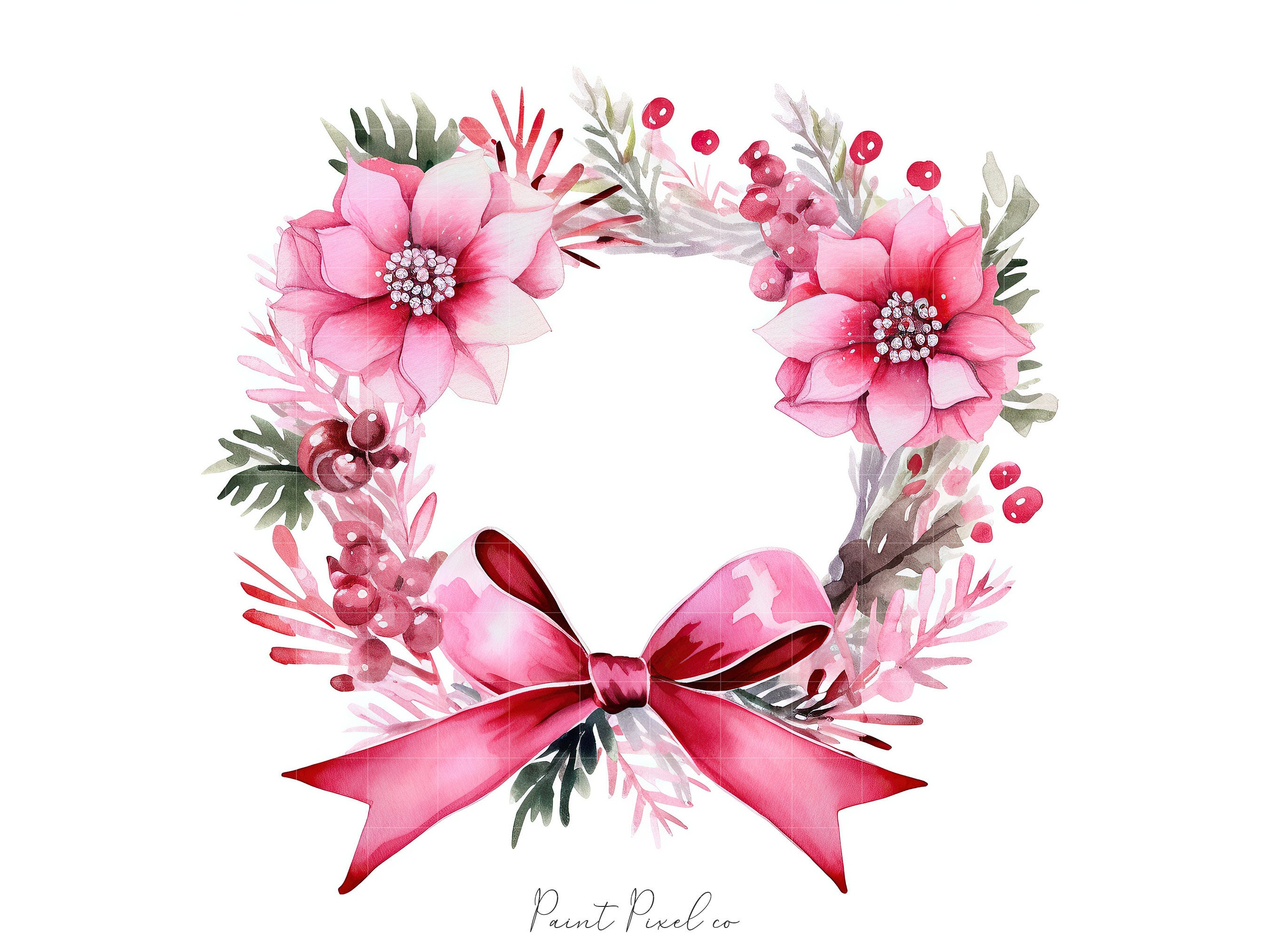 8 Pink Christmas Wreath Clipart High Quality Jpgs Watercolor Clip Art ...