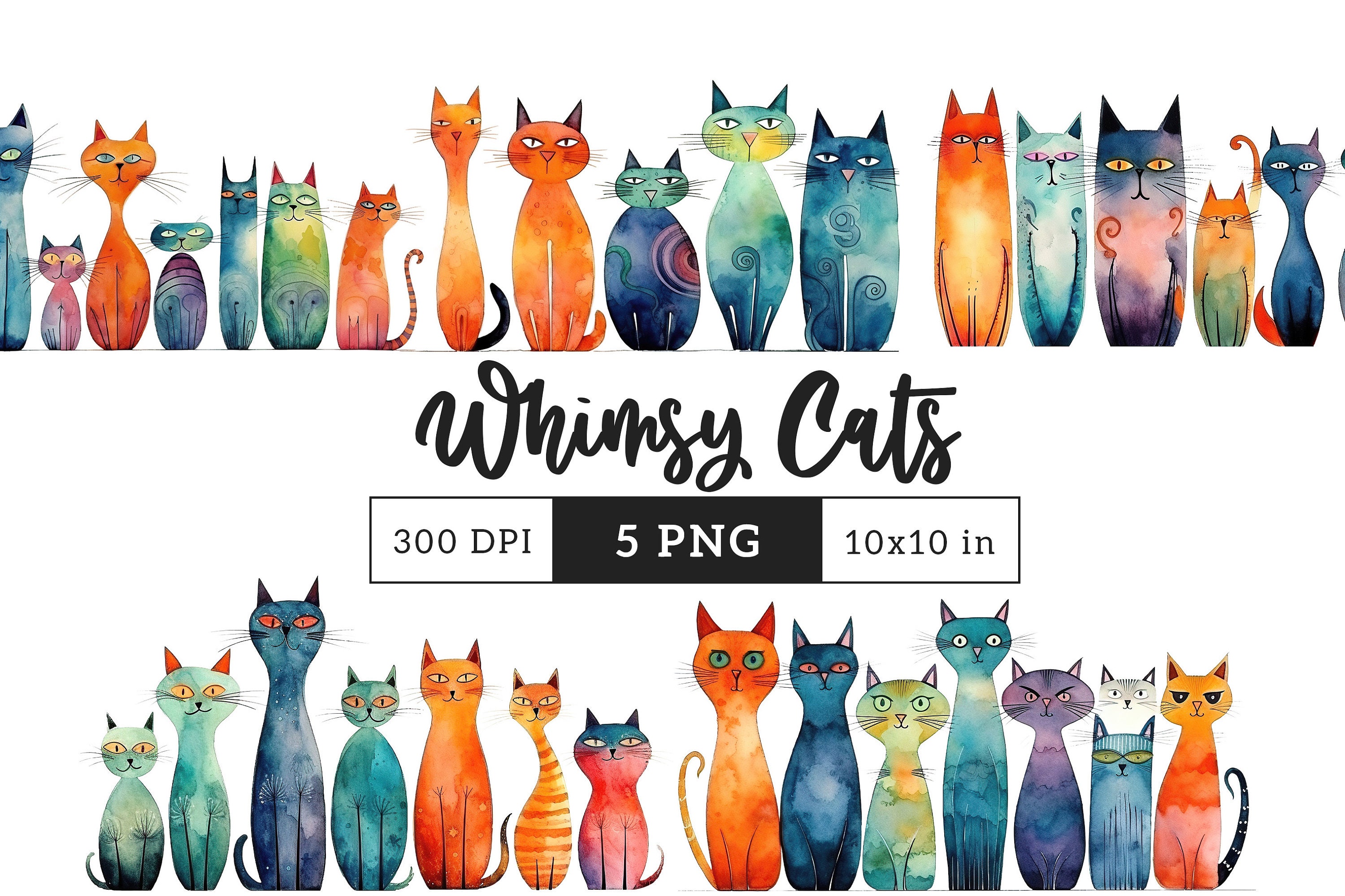 Whimsical Cats Clipart PNG Bundle Watercolor Quirky Kitten Whimsy ...