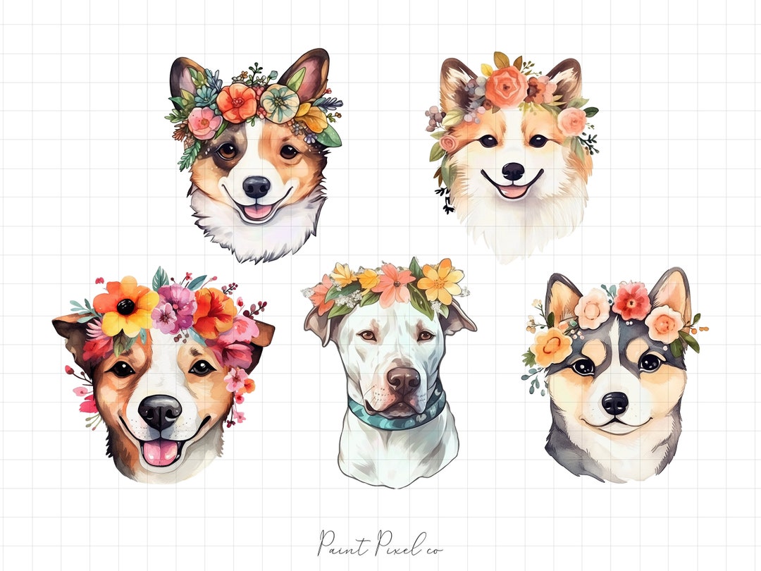 Dog Clipart PNG Watercolor Dog Floral Clipart Puppy PNG Cute Clipart ...