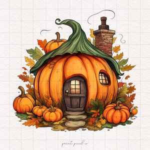 Whimsical Pumpkin Cottage Clipart Cozy Fall House PNG Autumn Home Cute ...