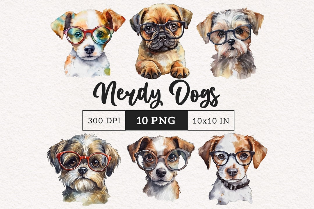 Dog Clipart PNG Watercolor Dog Clipart Nerdy Dog Puppy PNG Cute Clipart ...