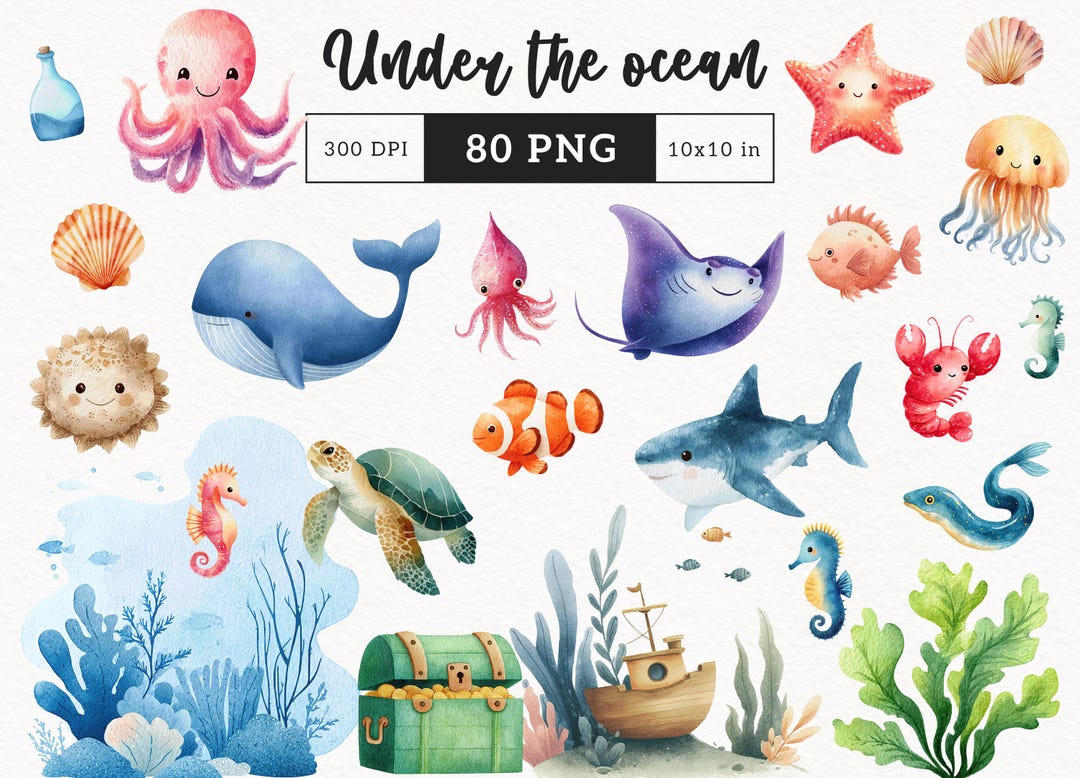 Cute Under the Sea Clipart Ocean Life PNG Watercolor Marine Animals ...