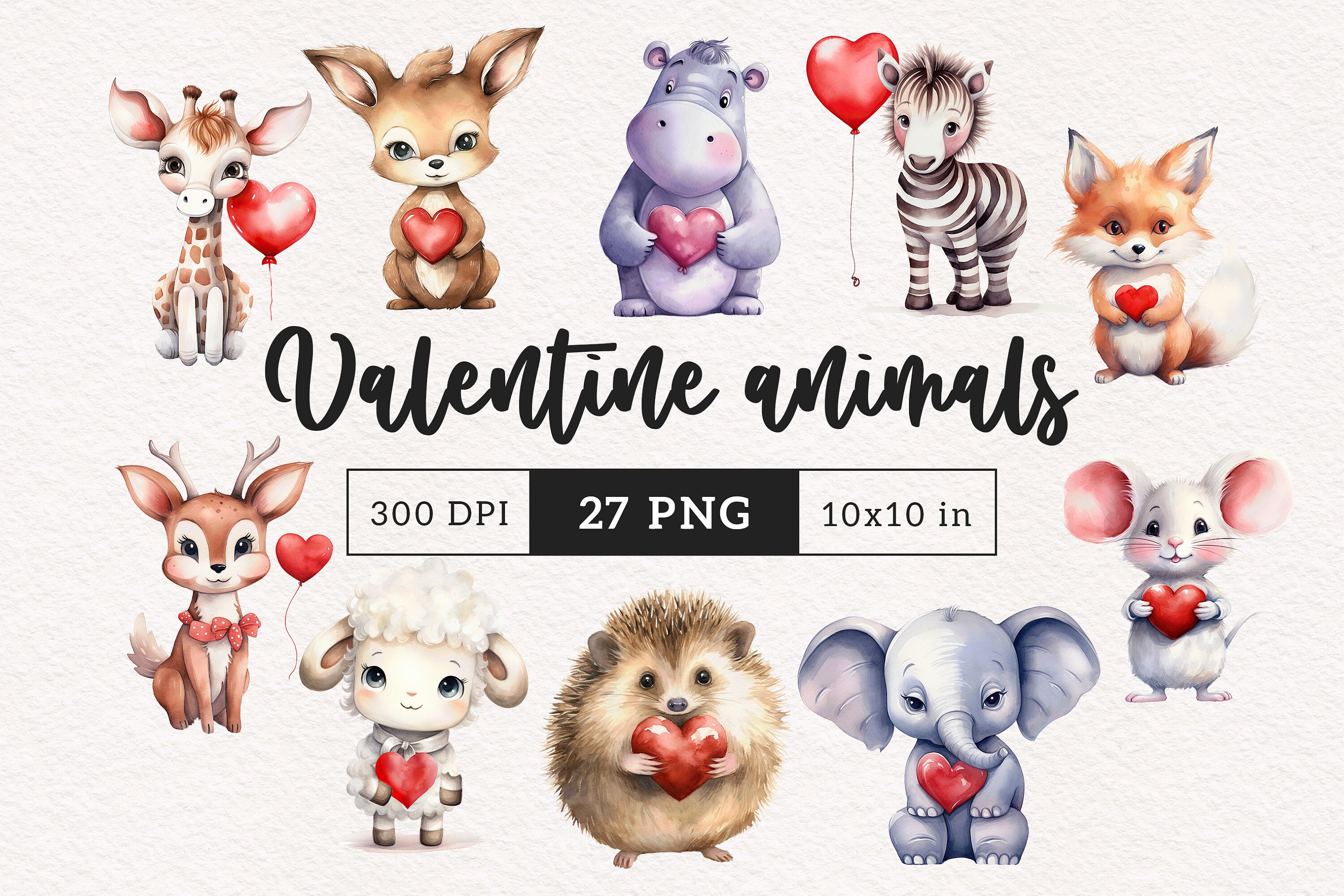 Valentine Animals Clipart PNG Bundle Watercolor Lovers Day Sublimation ...