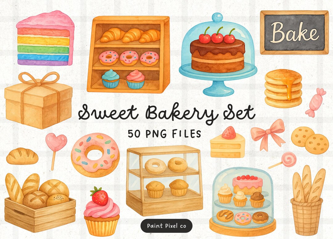 Cute Bakery Set Clipart Bundle - Watercolor Sweet Treats Set PNG Images ...