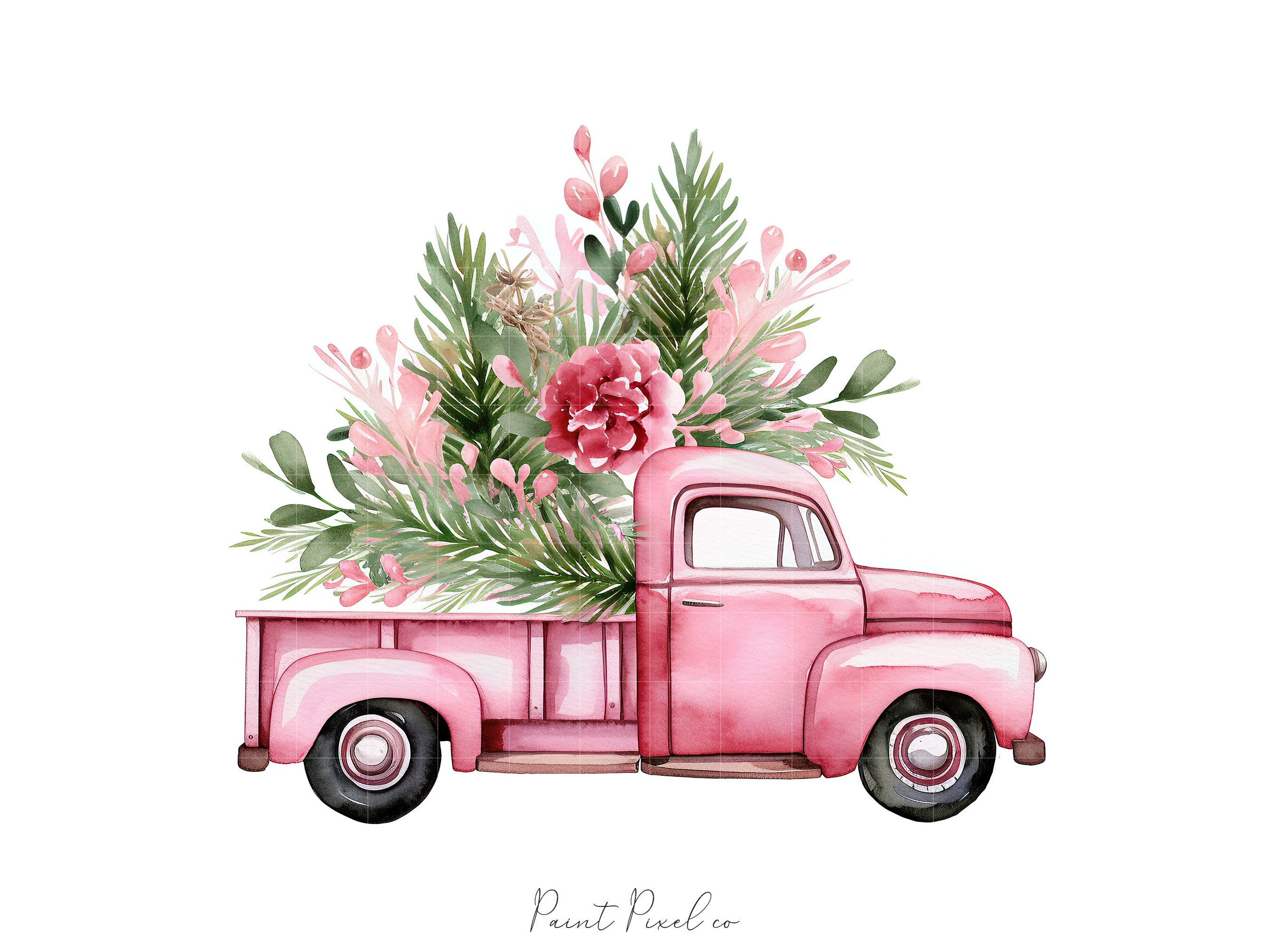 10 Pink Christmas Truck Clipart High Quality Jpgs Watercolor Clip Art ...