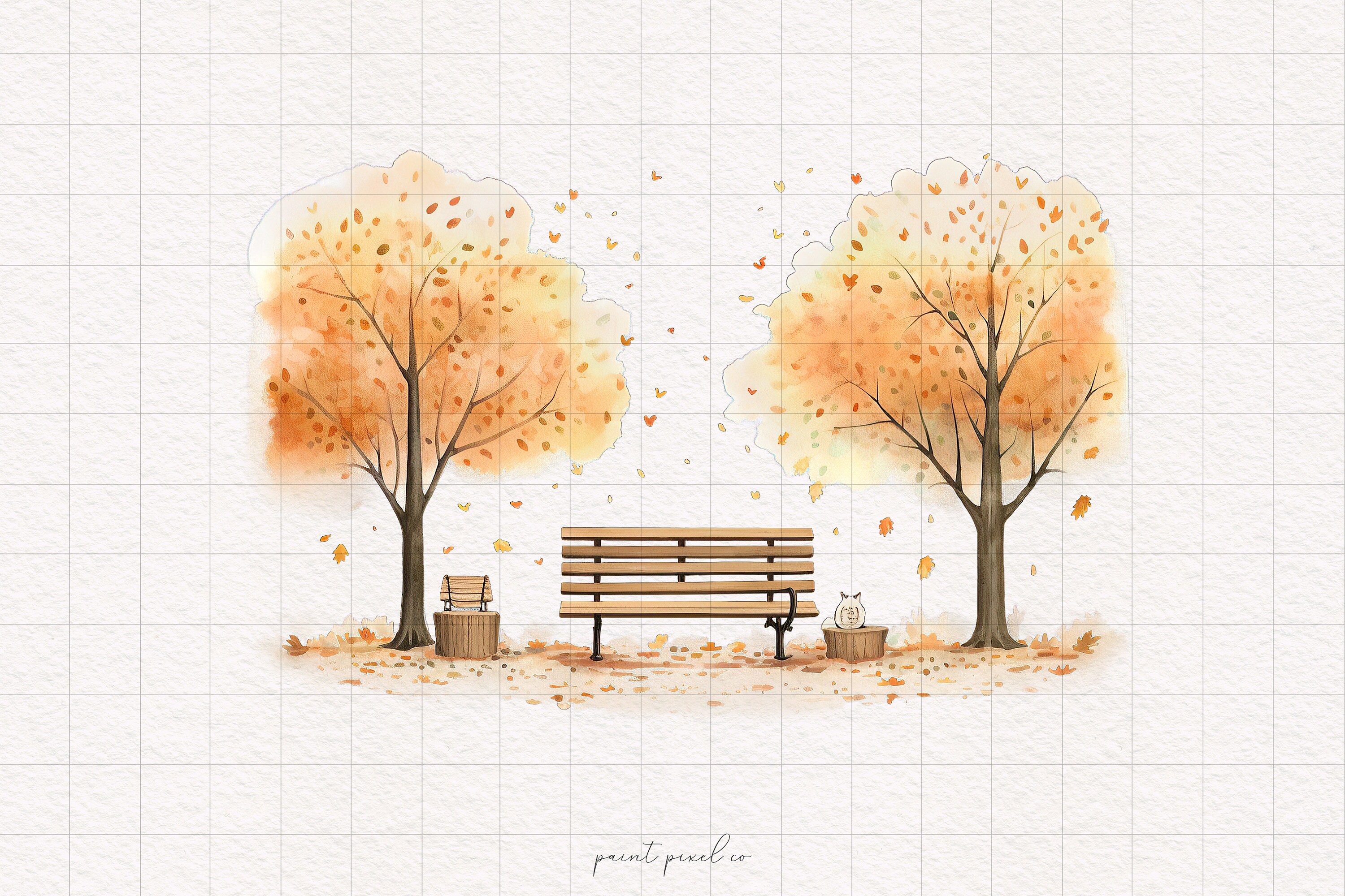 8 Autumn Park Bench Clipart Boho Trees PNG Scrapbook Watercolor Park ...