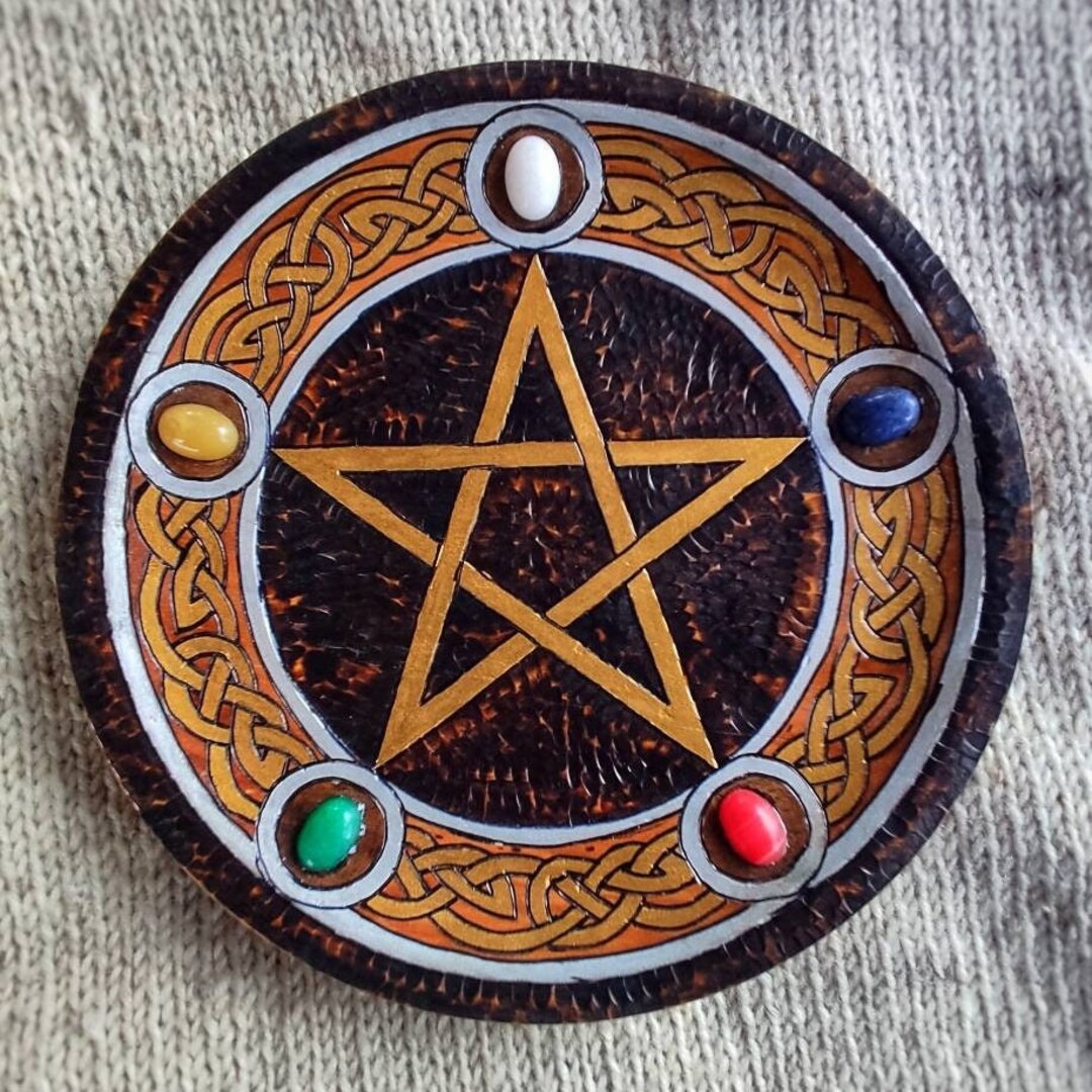 Plate for Altar With Pyrography Pentagram / Pentagram for Altar / Pagan ...
