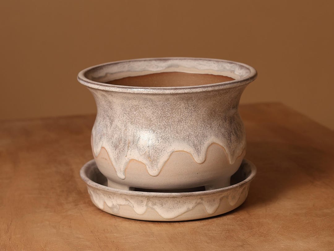 Handmade Flower Pot With Drip Tray Tall Round Stoneware Drip Layered ...