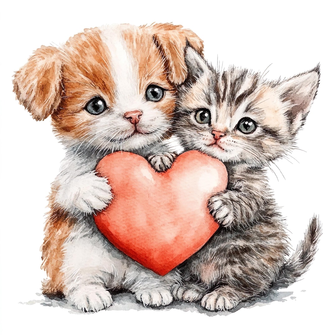 10 Puppy and Kitten in Love Clipart Set Digital Watercolor Painting ...