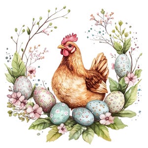 10 Chicken Easter Wreath Clipart Set Digital Watercolor Painting Farm ...