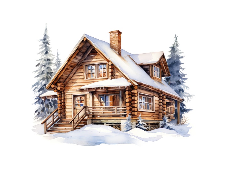 10 Log Cabin in Winter Clipart, Snowy Clip Art Bundle, Cozy Landscape ...