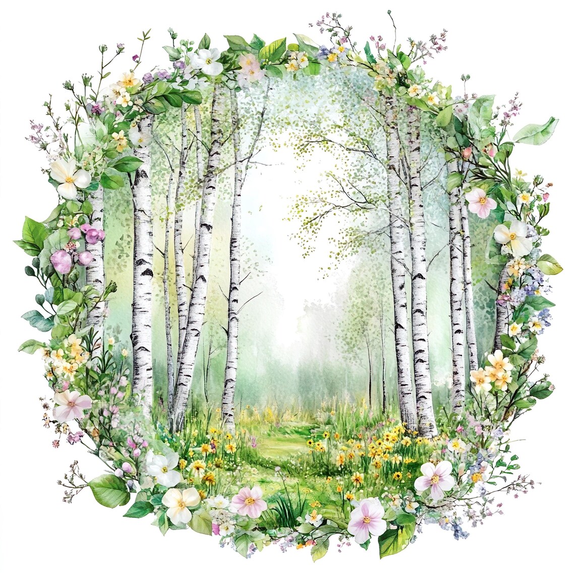 10 Spring Birch Tree Forest Landscape Wreath Clipart Set Digital ...