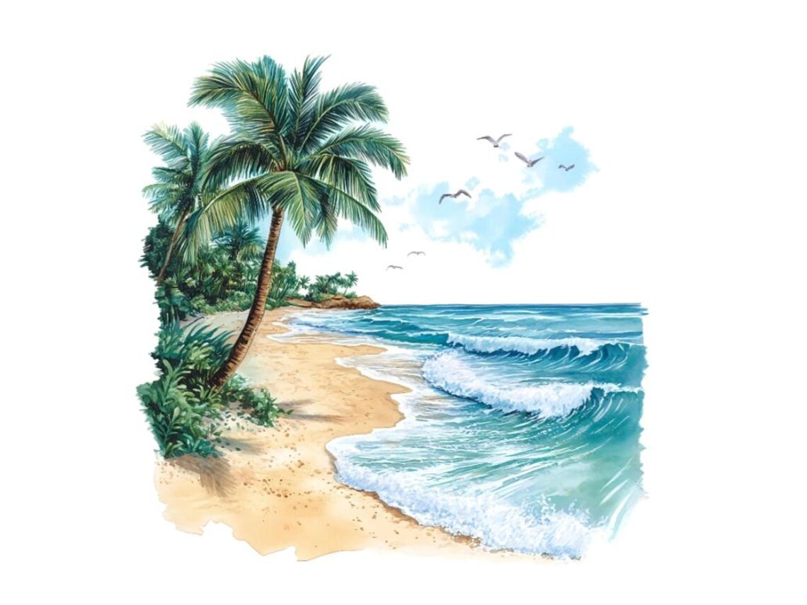 10 Beach Scene Clipart Set Digital Watercolor Sea Painting Tropical ...