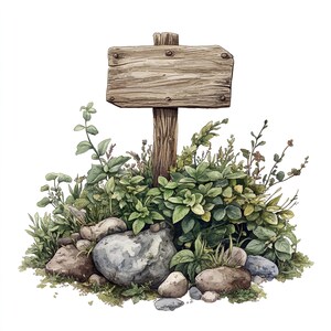 10 Old Empty Wooden Garden Sign With Rocks and Plants Clipart Set ...