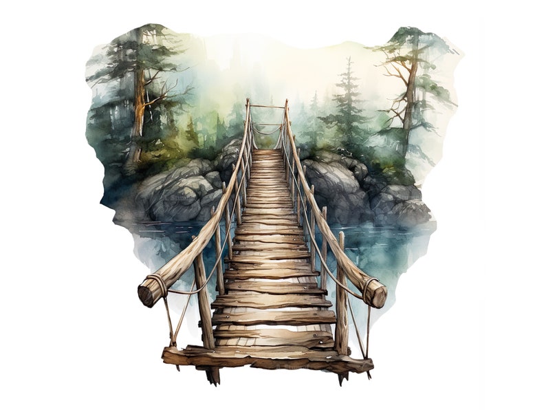 10 Old Wooden Suspension Hanging Bridge, Digital Watercolor Painting ...