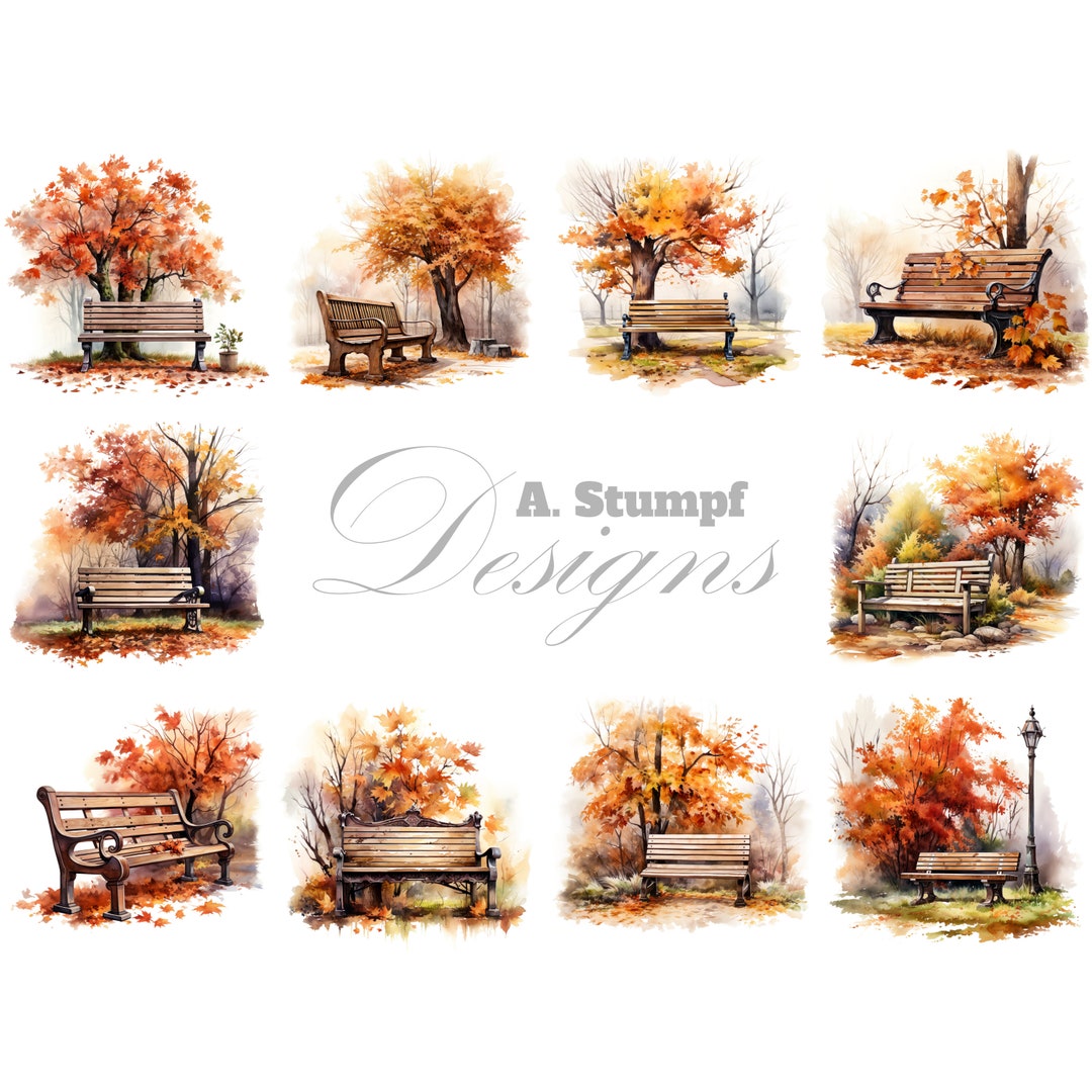 Autumn Bench Art Park Bench Clipart Fall Park Bench Autumn Watercolor ...
