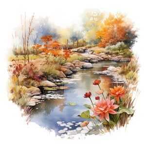 10 Garden Pond in Autumn Clipart Set Fall Pond Scene Illustration ...