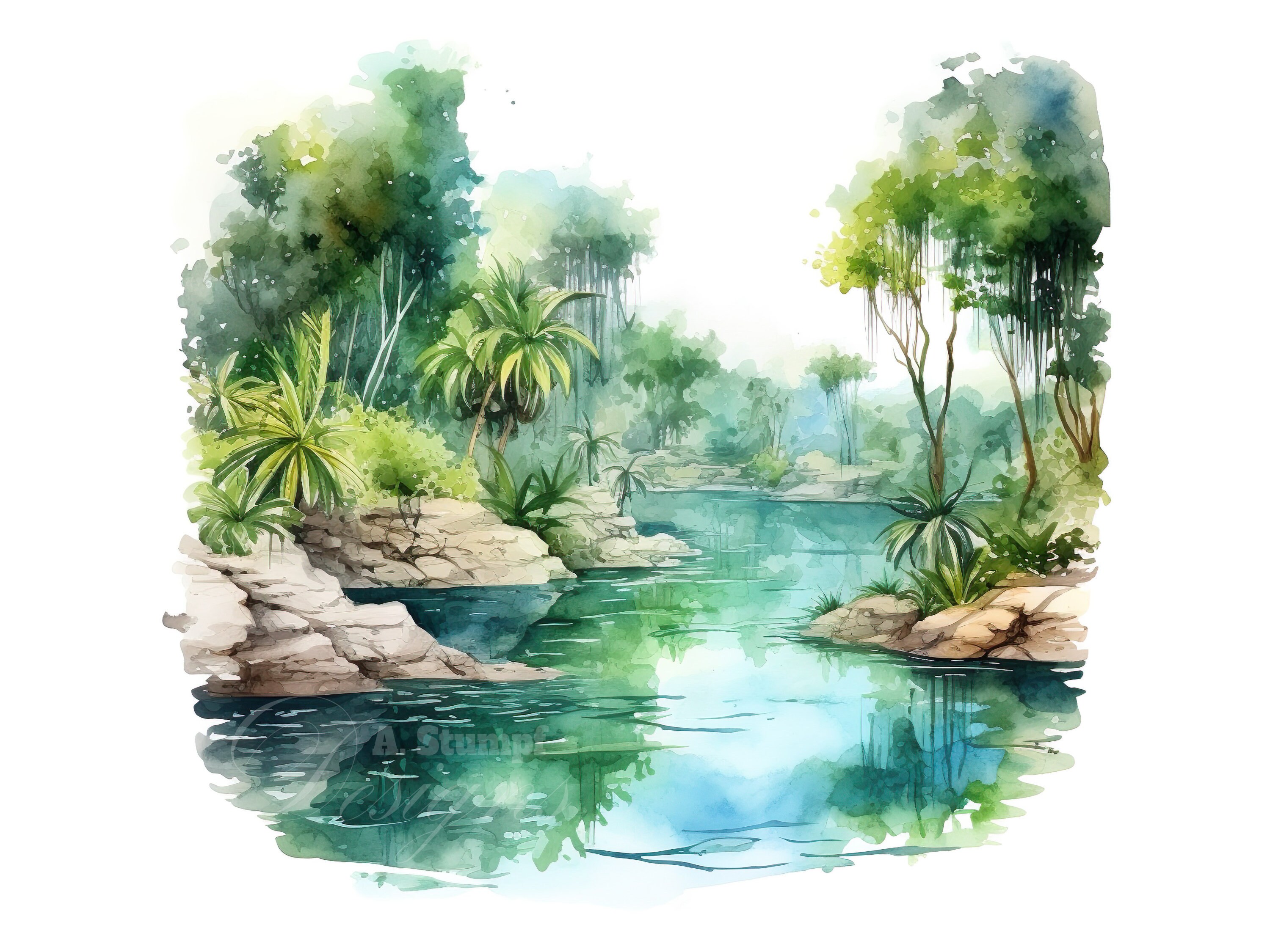 Cenote Landscape, Watercolor Clipart Set, Nature Illustration, Tropical ...