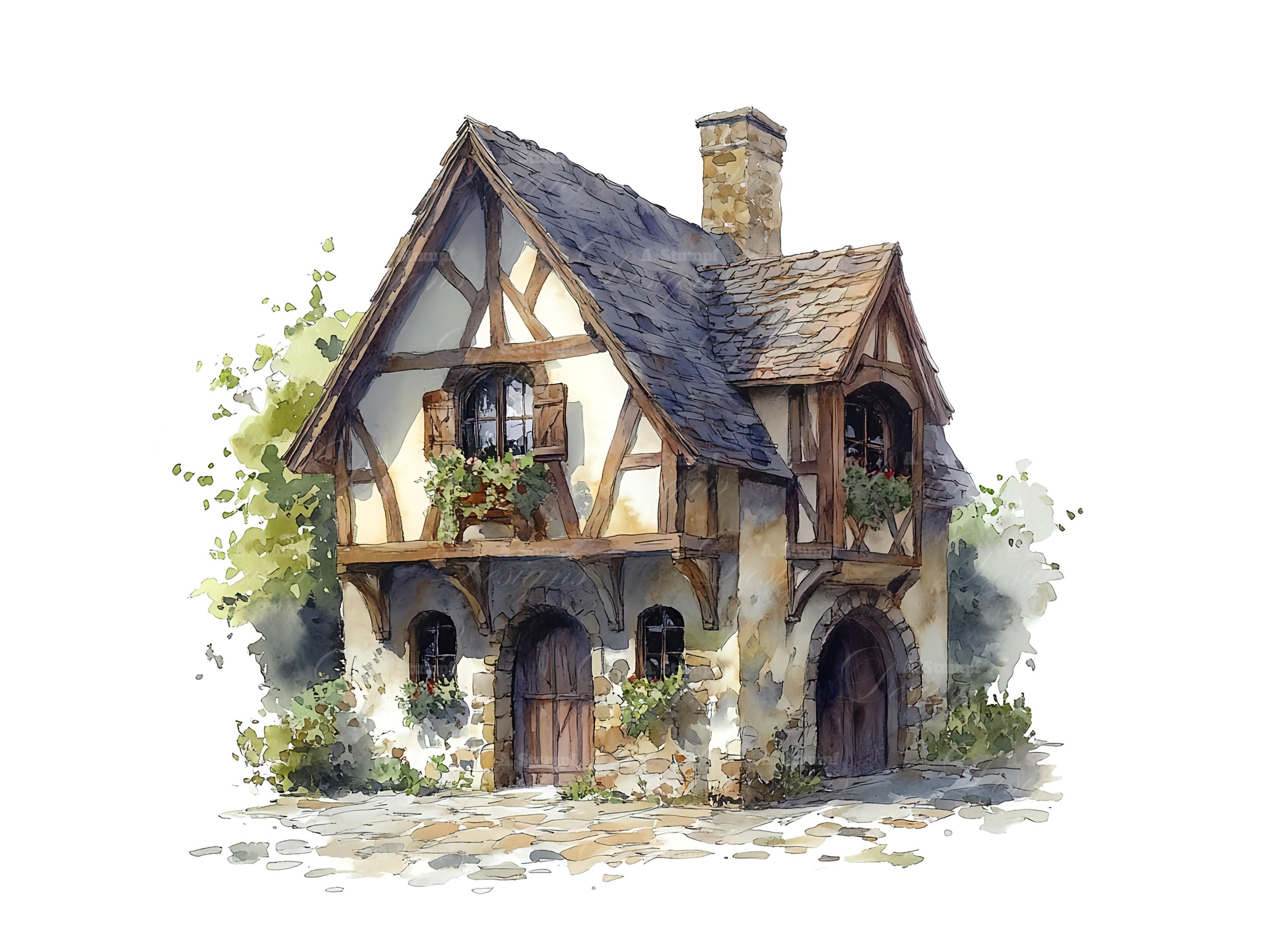 10 Medieval Era House Clipart Set Digital Watercolor Old Cottage ...