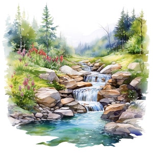 10 Mountain Stream Spring Landscape Clipart Set Digital Watercolor ...