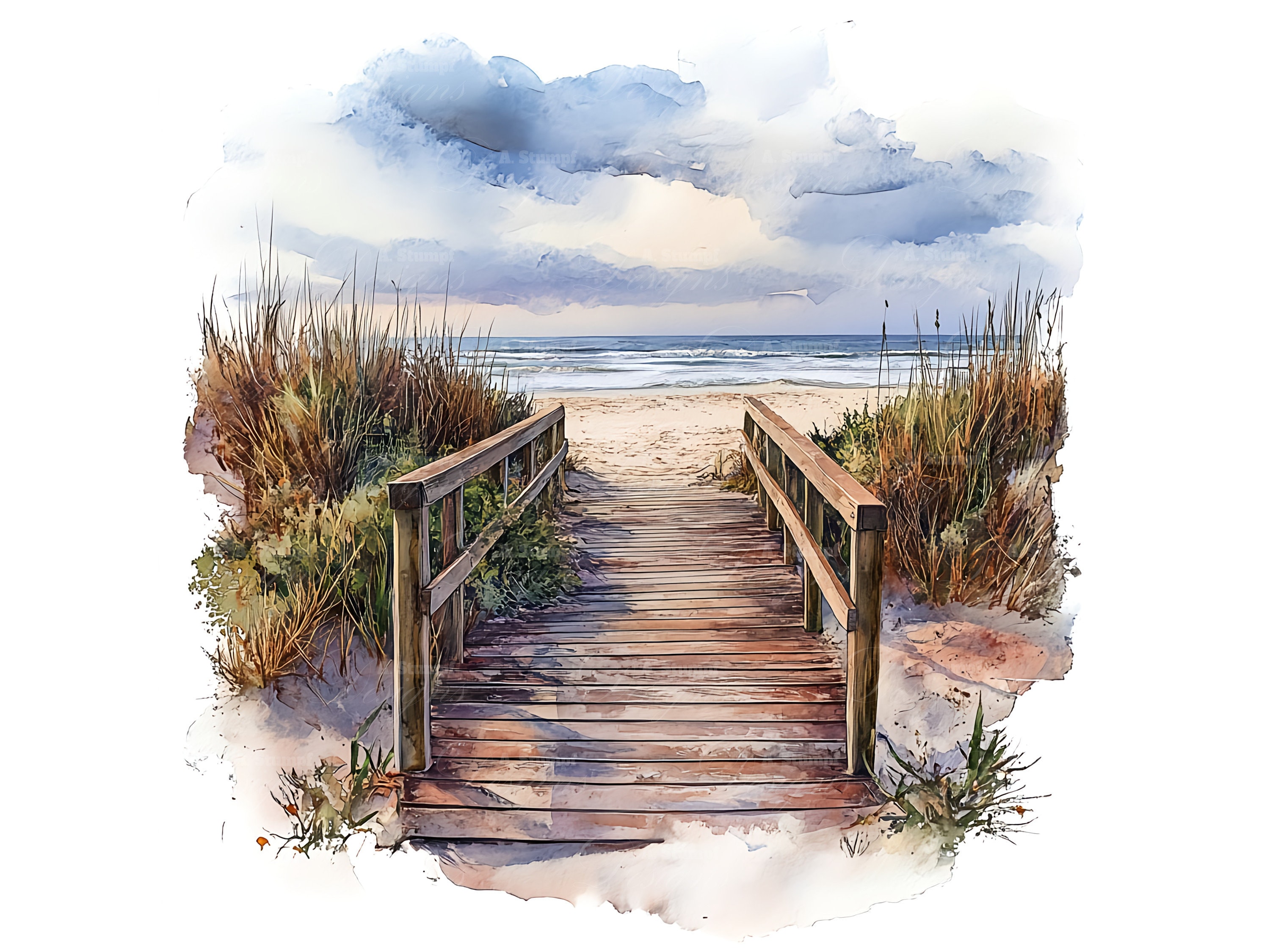 10 Boardwalk Beach Path Clipart Digital Watercolor Painting Seaside ...