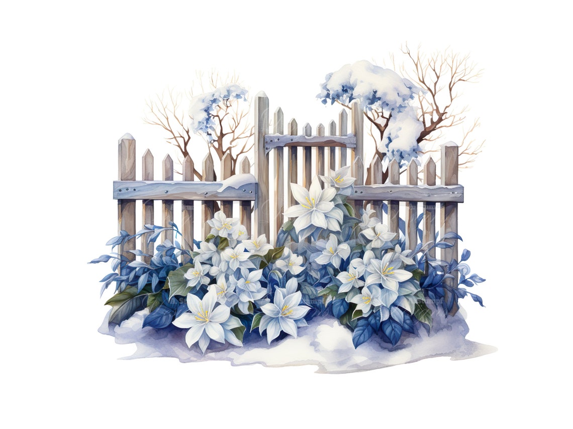 10 Winter Garden Fence Clipart Digital Watercolor Set Seasonal ...