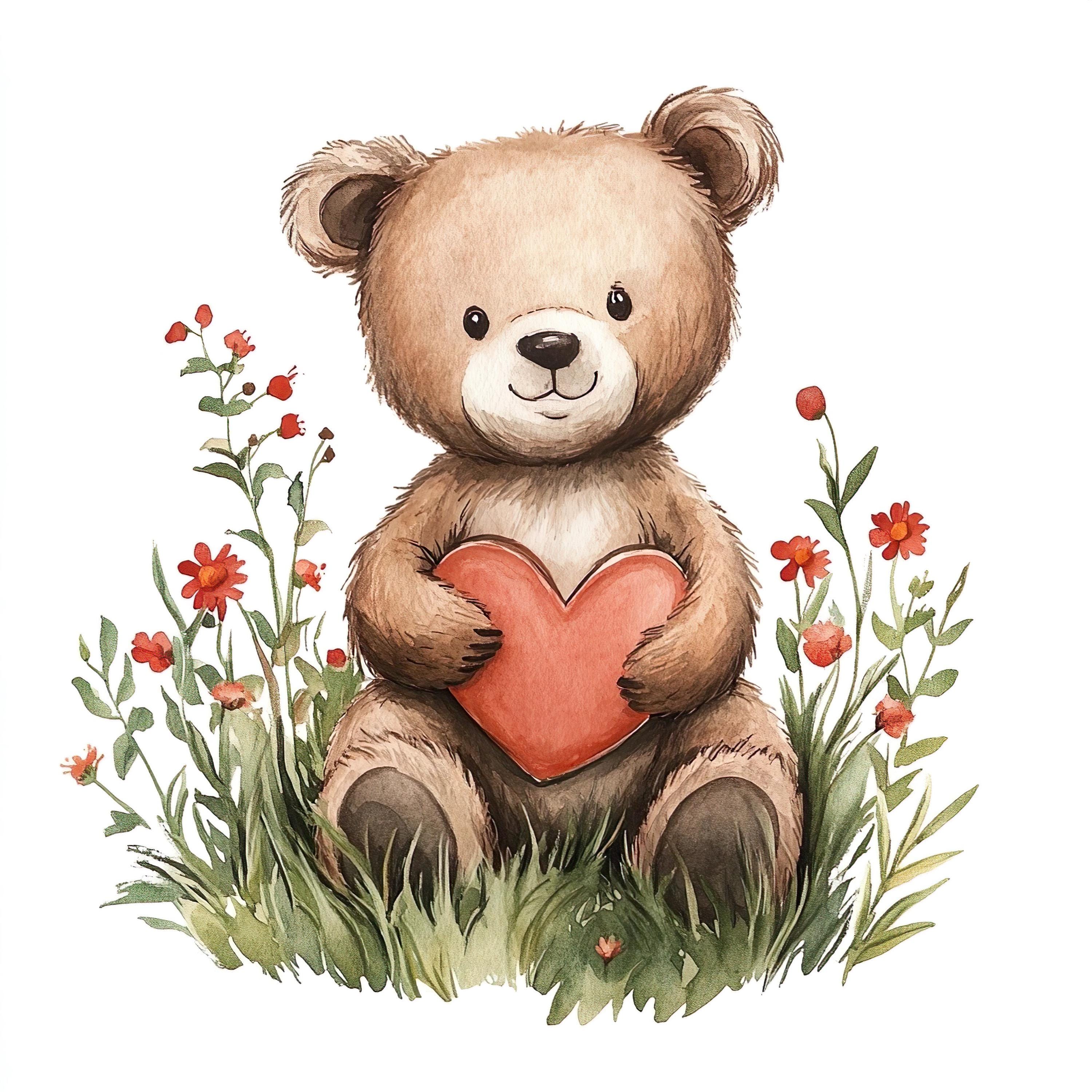 10 Teddy Bear Love Heart Clipart Set Digital Watercolor Painting ...