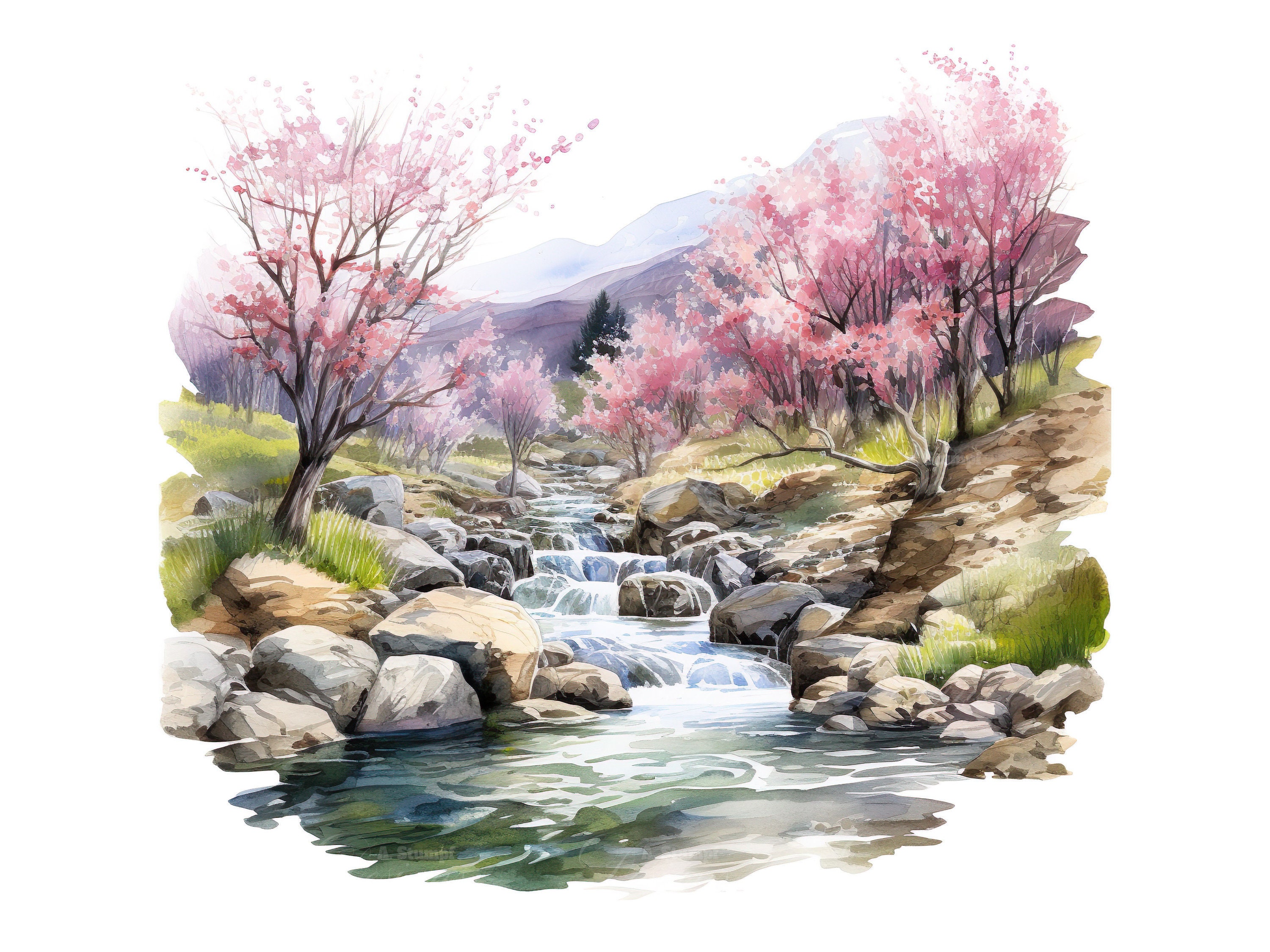 10 Mountain Stream Spring Landscape Clipart Set Digital Watercolor ...