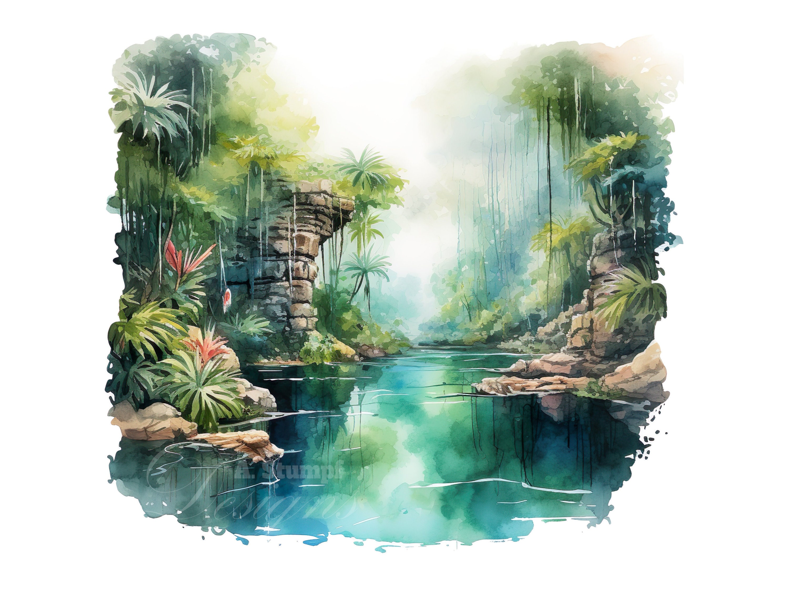 Cenote Landscape, Watercolor Clipart Set, Nature Illustration, Tropical ...