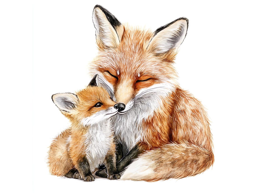 10 Cute Fox Mother With Her Baby Clipart Set Digital Watercolor Forest ...