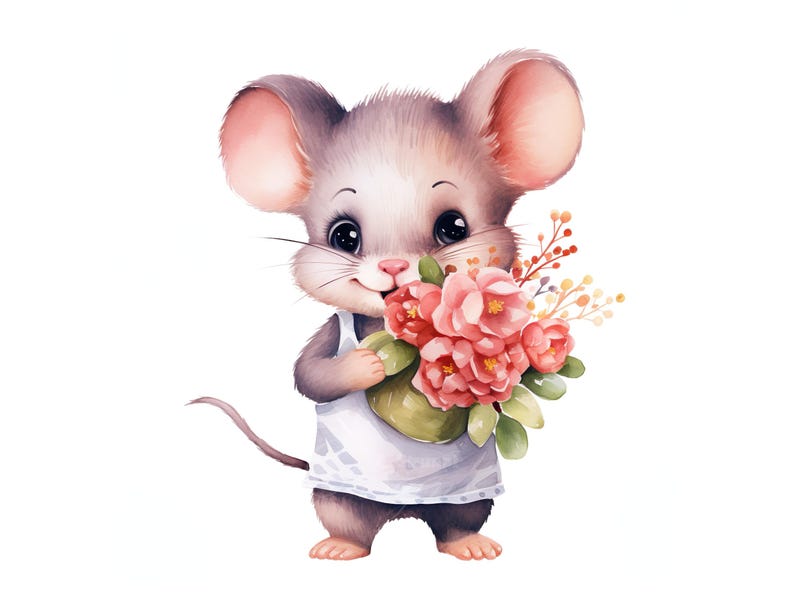 10 Mouse Holding Flowers Clipart Set Digital Watercolor Painting ...