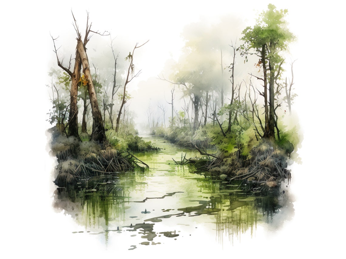 10 Swamp Landscape Clipart Set Wetland Scene Marsh Digital Watercolor ...