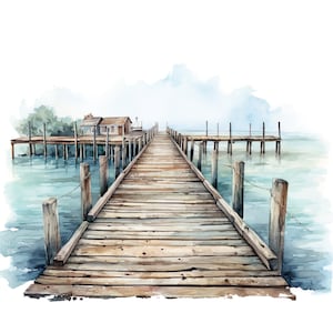 10 Rustic Old Wooden Pier Clipart Set Digital Watercolor Painting ...