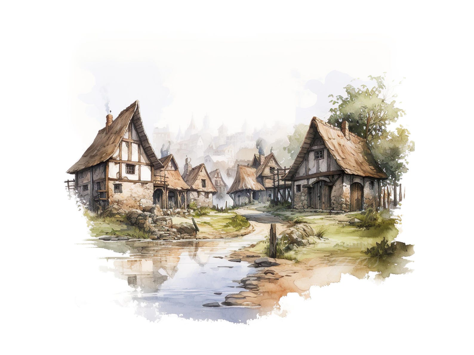 10 Medieval Village Landscape Clipart Set Digital Watercolor Historical ...