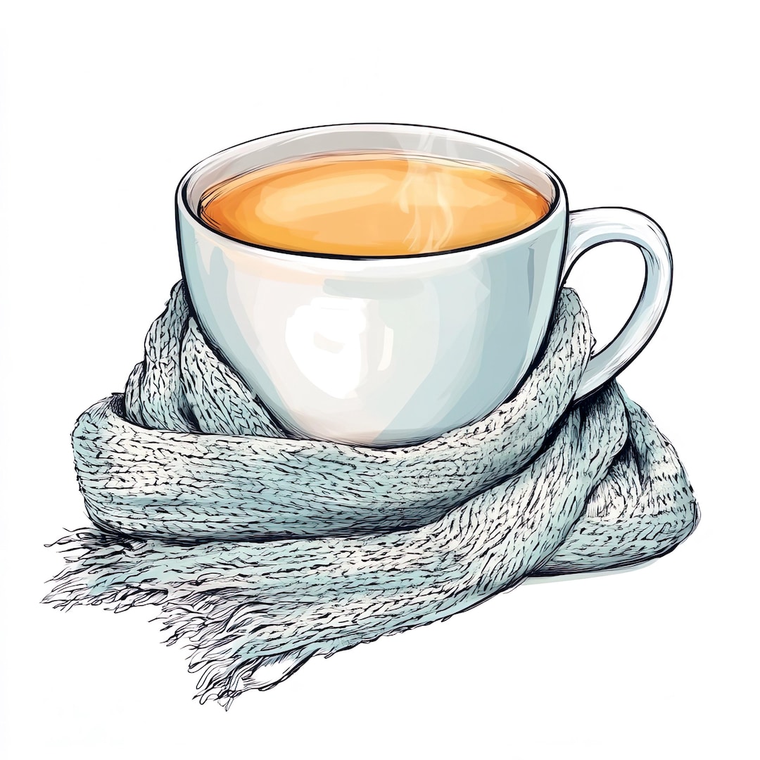 10 Cozy Cup of Tea With Scarf Clipart Set Digital Watercolor Painting ...