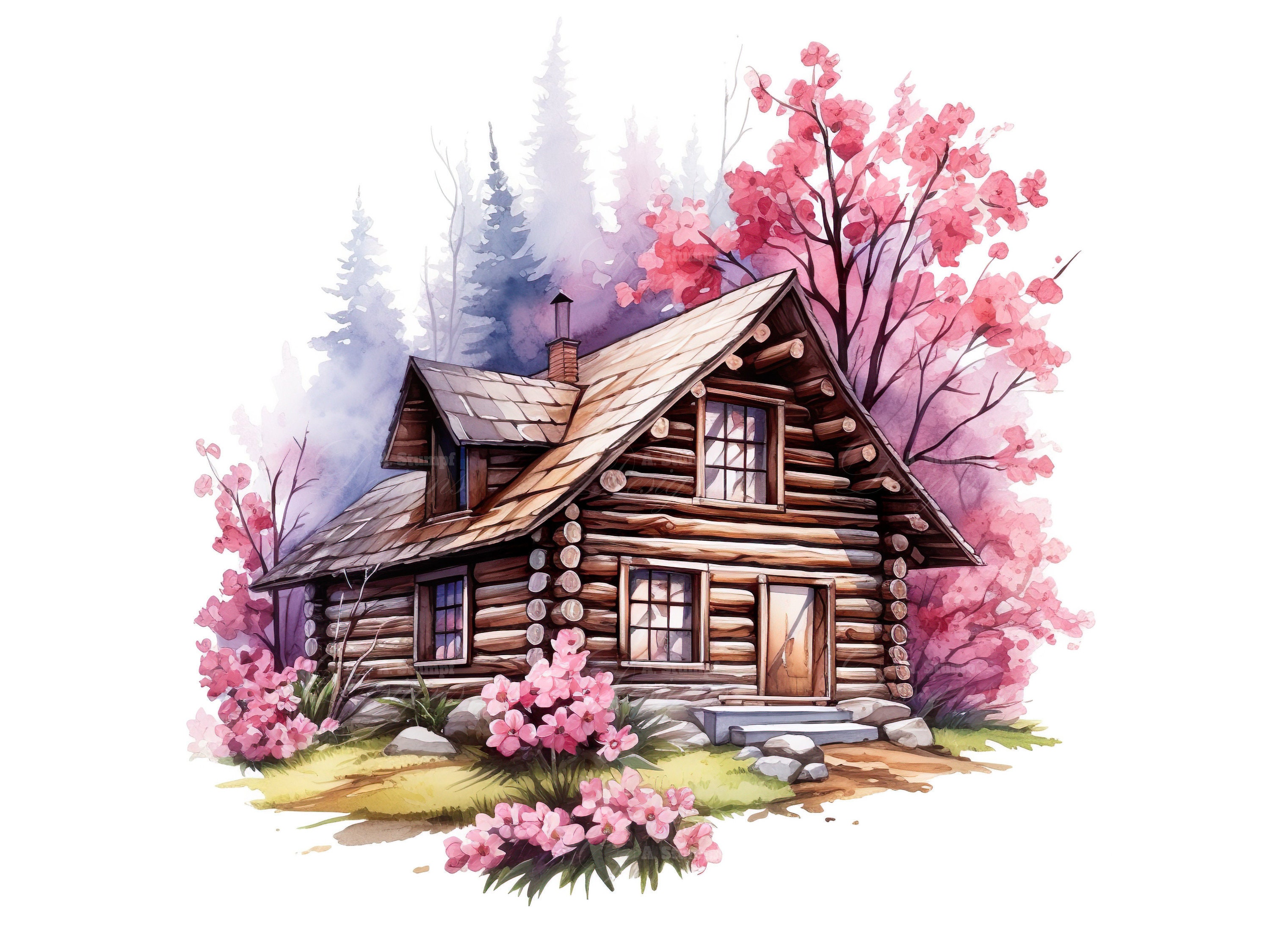 10 Log Cabin Clipart Set Spring Landscape Clip Art Watercolor Painting ...