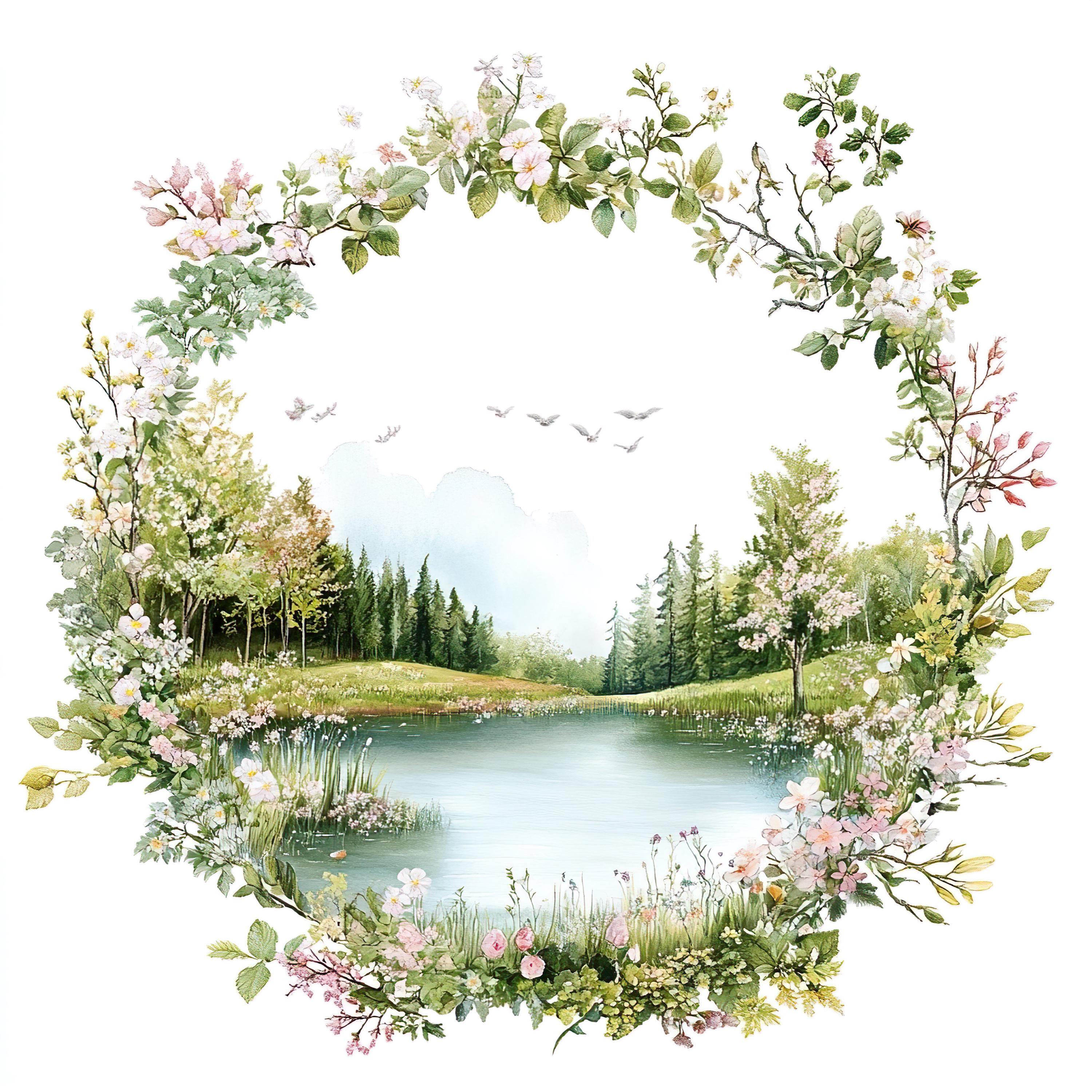 10 Spring Lake Landscape Clipart Set Digital Watercolor Painting Floral ...