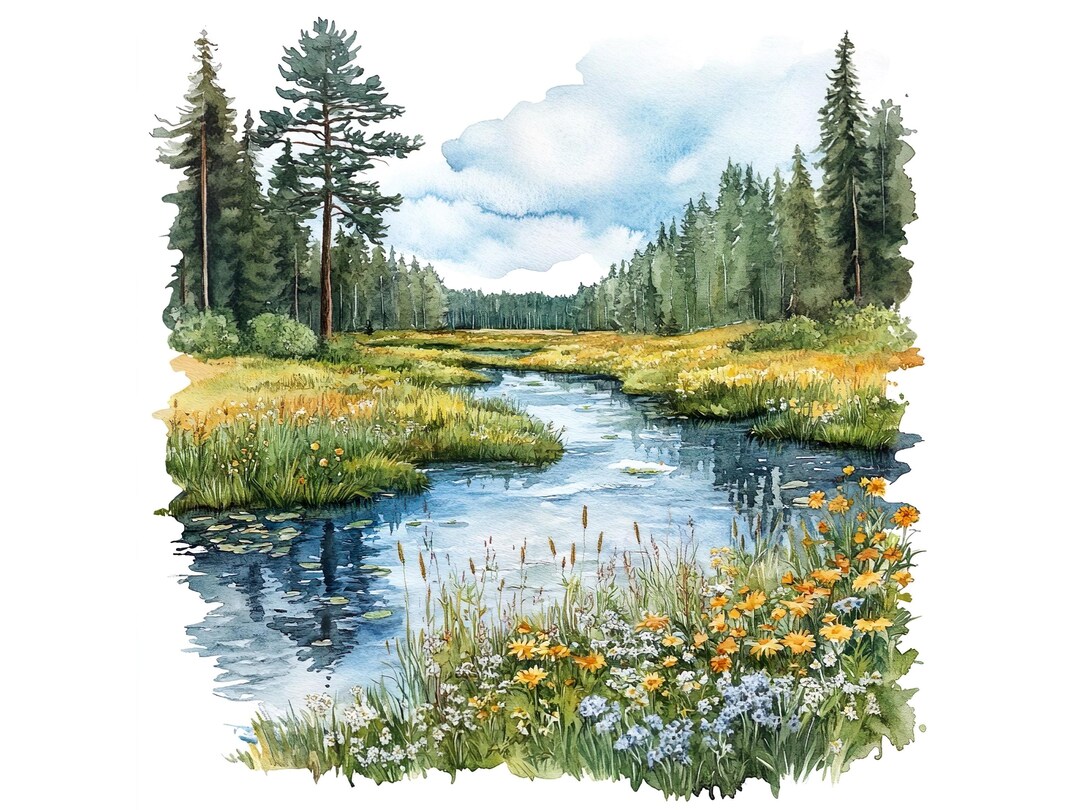 10 Summer Flower Field Forest River Landscape Clipart Set Digital ...