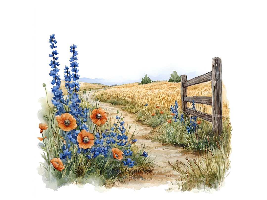 10 Floral Countryside Landscape Clipart Digital Watercolor Painting ...